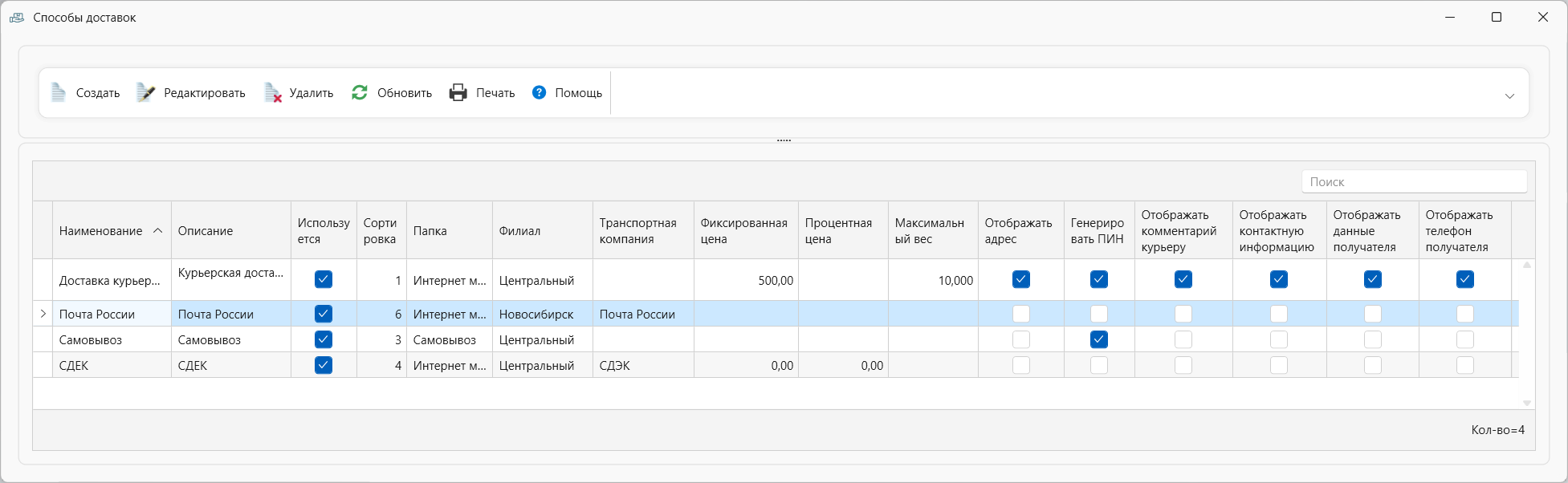 Способы доставок - платформа для интернет магазина OKsoft